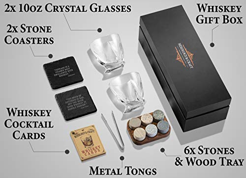 Whiskey Stones Gift Set for Men | Whiskey Glass and Stones Set with a Classy Gift Box, 6 Granite Round Whiskey Stones and 10oz Whiskey Glasses | Whiskey Lovers Gifts for Men, Dad, Husband, Boyfriend