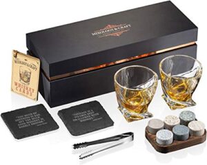 whiskey stones gift set for men | whiskey glass and stones set with a classy gift box, 6 granite round whiskey stones and 10oz whiskey glasses | whiskey lovers gifts for men, dad, husband, boyfriend