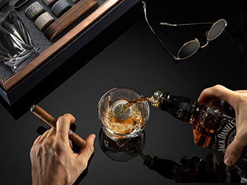 Whiskey Stones Gift Set for Men | Whiskey Glass and Stones Set with a Classy Gift Box, 6 Granite Round Whiskey Stones and 10oz Whiskey Glasses | Whiskey Lovers Gifts for Men, Dad, Husband, Boyfriend