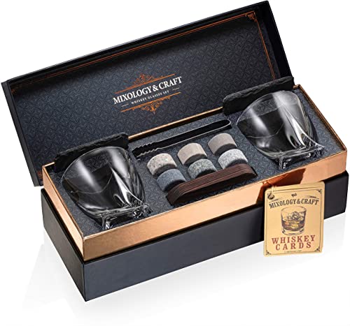 Whiskey Stones Gift Set for Men | Whiskey Glass and Stones Set with a Classy Gift Box, 6 Granite Round Whiskey Stones and 10oz Whiskey Glasses | Whiskey Lovers Gifts for Men, Dad, Husband, Boyfriend