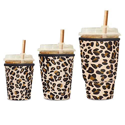 Iced Coffee Sleeve Reusable Cozy Drink Sleeve Kiatoras 3 Pack Neoprene Insulator Cup Sleeve for Cold Drinks Beverages Holder for Starbucks Coffee, McDonalds, Dunkin Donuts and More (Brown Leopard)