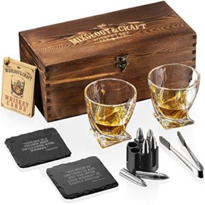 Mixology Whiskey Stones Gift Set for Men - Pack of 2, 10 oz Glasses w/ 6 Stainless Steel Chilling Bullets, 2 Coasters, Tongs, Cocktail Cards & Box - Bourbon Gifts for Birthday, Wedding, or Anniversary