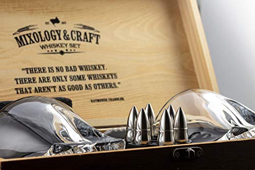 Mixology Whiskey Stones Gift Set for Men - Pack of 2, 10 oz Glasses w/ 6 Stainless Steel Chilling Bullets, 2 Coasters, Tongs, Cocktail Cards & Box - Bourbon Gifts for Birthday, Wedding, or Anniversary