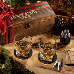 Mixology Whiskey Stones Gift Set for Men - Pack of 2, 10 oz Glasses w/ 6 Stainless Steel Chilling Bullets, 2 Coasters, Tongs, Cocktail Cards & Box - Bourbon Gifts for Birthday, Wedding, or Anniversary