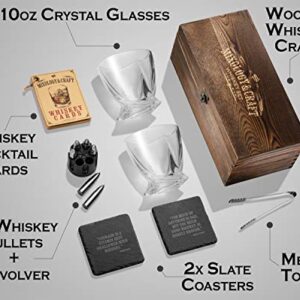 Mixology Whiskey Stones Gift Set for Men - Pack of 2, 10 oz Glasses w/ 6 Stainless Steel Chilling Bullets, 2 Coasters, Tongs, Cocktail Cards & Box - Bourbon Gifts for Birthday, Wedding, or Anniversary