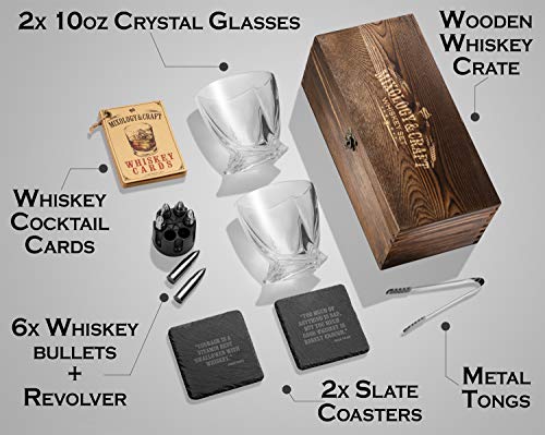 Mixology Whiskey Stones Gift Set for Men - Pack of 2, 10 oz Glasses w/ 6 Stainless Steel Chilling Bullets, 2 Coasters, Tongs, Cocktail Cards & Box - Bourbon Gifts for Birthday, Wedding, or Anniversary