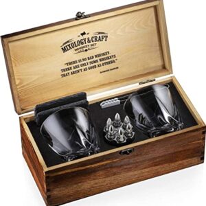 Mixology Whiskey Stones Gift Set for Men - Pack of 2, 10 oz Glasses w/ 6 Stainless Steel Chilling Bullets, 2 Coasters, Tongs, Cocktail Cards & Box - Bourbon Gifts for Birthday, Wedding, or Anniversary