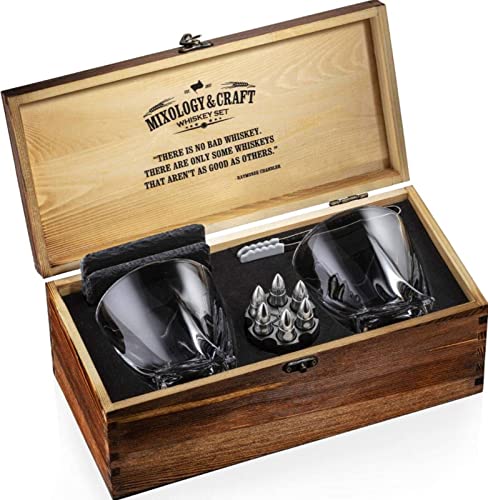 Mixology Whiskey Stones Gift Set for Men - Pack of 2, 10 oz Glasses w/ 6 Stainless Steel Chilling Bullets, 2 Coasters, Tongs, Cocktail Cards & Box - Bourbon Gifts for Birthday, Wedding, or Anniversary