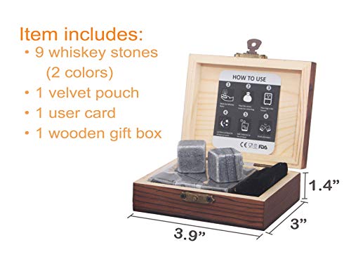 Whiskey Stones Gift Set Pack of 9 Whiskey Rocks in Engraved Wooden Gift Box, for Dad/Whisky/Bourbon Drinker, Men/Women Birthday Present, Barleo Malt°