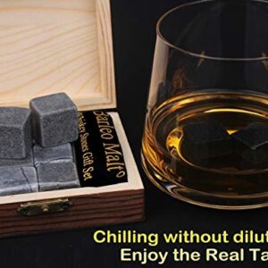 Whiskey Stones Gift Set Pack of 9 Whiskey Rocks in Engraved Wooden Gift Box, for Dad/Whisky/Bourbon Drinker, Men/Women Birthday Present, Barleo Malt°