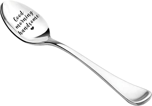 Weefair Good Morning Handsome | Gift for Him | Valentine's Day Gift | Long Distance Gifts | Engraved Spoon 7'' | Christmas Stocking Stuffer, Silver