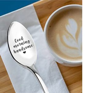 Weefair Good Morning Handsome | Gift for Him | Valentine's Day Gift | Long Distance Gifts | Engraved Spoon 7'' | Christmas Stocking Stuffer, Silver