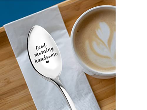 Weefair Good Morning Handsome | Gift for Him | Valentine's Day Gift | Long Distance Gifts | Engraved Spoon 7'' | Christmas Stocking Stuffer, Silver