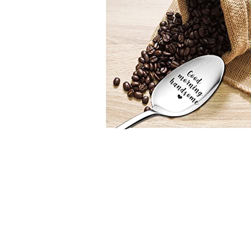 Weefair Good Morning Handsome | Gift for Him | Valentine's Day Gift | Long Distance Gifts | Engraved Spoon 7'' | Christmas Stocking Stuffer, Silver