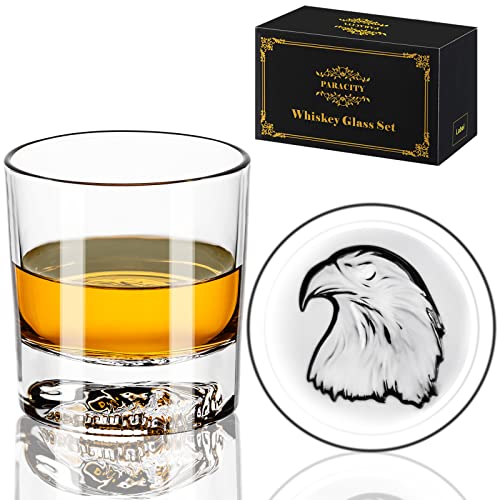 PARACITY Whiskey Glasses, Eagle Pattern Thick Bottom, Old Fashioned Glasses for Scotch, Whiskey, Gin, Vodka, 10.6oz Whiskey Glasses Set of 2, Gift for Men