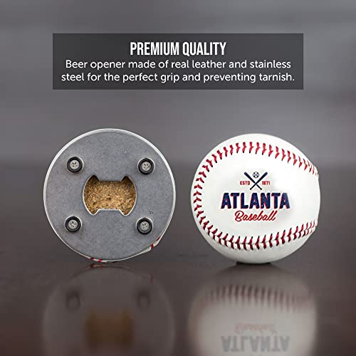 Atlanta Bottle Opener, Beer Bottle Opener Made from Real Baseball's Leather, Magnetic Bottle Opener & Cap Catcher - Cool Gadget for Teens & Present for Men