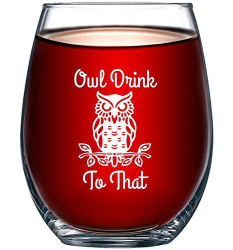 Owl Drink To That Funny 15 Ounce Stemless Wine Glass | Perfect Birthday Owl Themed Gift For Men or Women | Owls Kitchen Decor and Decorations | Unique Owl Housewarming Gifts