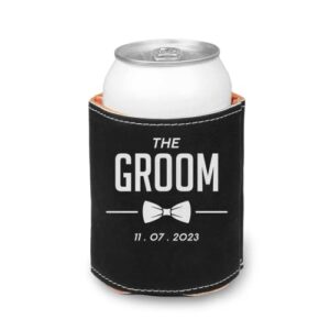 the groom – vegan leather can cooler cozie personalized with wedding date – gift for him (rustic/gold)