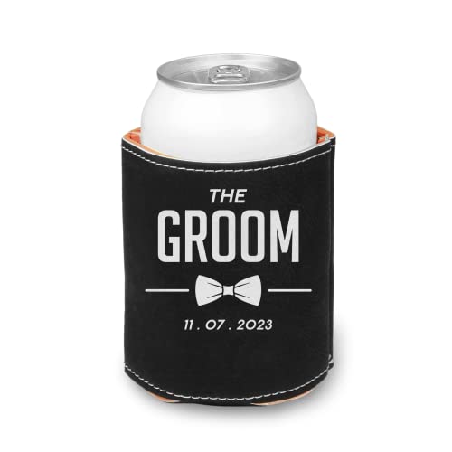 The Groom - Vegan Leather Can Cooler Cozie Personalized With Wedding Date - Gift For Him (Rustic/Gold)