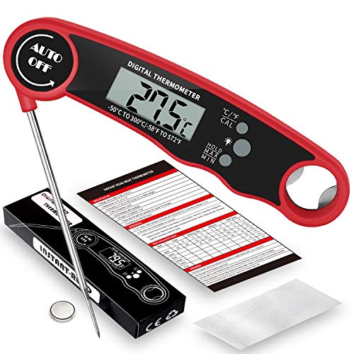 FLYSZQ Digital Instant Read Meat Thermometer,Foldable Probe with Backlight,Waterproof and Calibration,Thermometer for Food Cooking,Grilling,Baking (Red)