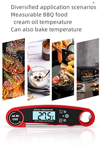 FLYSZQ Digital Instant Read Meat Thermometer,Foldable Probe with Backlight,Waterproof and Calibration,Thermometer for Food Cooking,Grilling,Baking (Red)