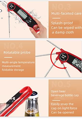 FLYSZQ Digital Instant Read Meat Thermometer,Foldable Probe with Backlight,Waterproof and Calibration,Thermometer for Food Cooking,Grilling,Baking (Red)