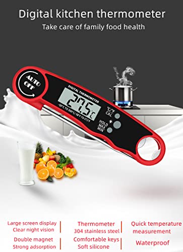 FLYSZQ Digital Instant Read Meat Thermometer,Foldable Probe with Backlight,Waterproof and Calibration,Thermometer for Food Cooking,Grilling,Baking (Red)