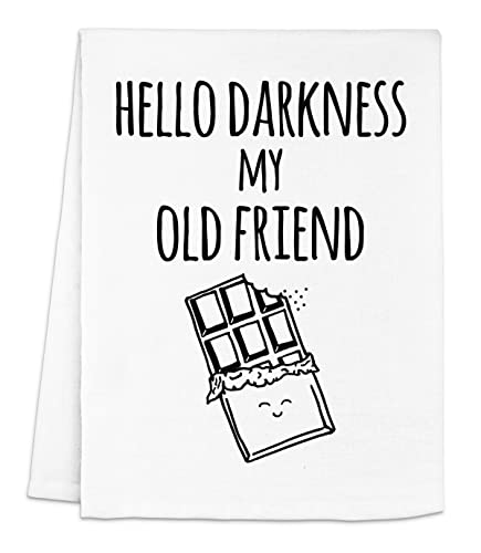 Funny Kitchen Towel, Hello Darkness My Old Friend, Flour Sack Dish Towel, Sweet Housewarming Gift, White or Gray (White)