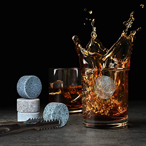 Whiskey Rocks Chilling Stones - Set of 6 Whisky Stone Granite Bourbon Drink Whiskey Ice Rocks with Tong - Large Sipping Stones Gift Ready Wooden Case for Men Husband or Father