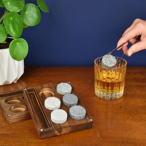 Whiskey Rocks Chilling Stones - Set of 6 Whisky Stone Granite Bourbon Drink Whiskey Ice Rocks with Tong - Large Sipping Stones Gift Ready Wooden Case for Men Husband or Father