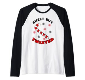 sweet but twisted candy cane stocking stuffer christmas raglan baseball tee