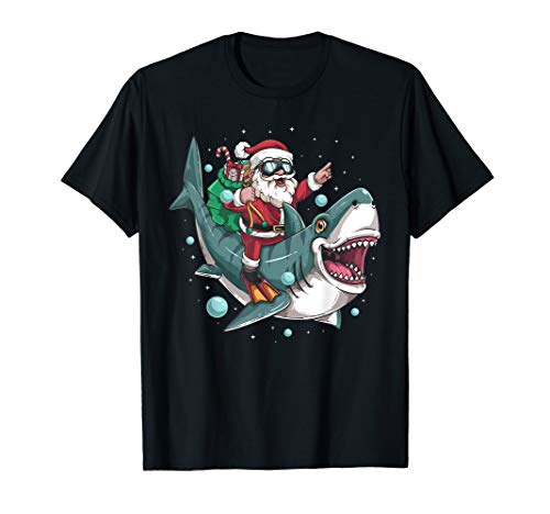 Santa Riding Flying Shark Christmas Stocking Stuffer Gift T-Shirt