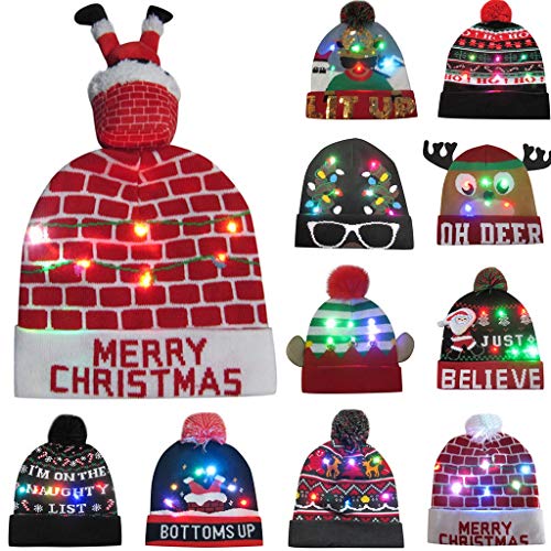 Forthery Light Up Christmas Beanie Cap with Colorful Led Lights, Unisex Knitted Santa Hat (I,One Size)