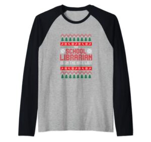 school librarian nice list ugly christmas style xmas tree raglan baseball tee