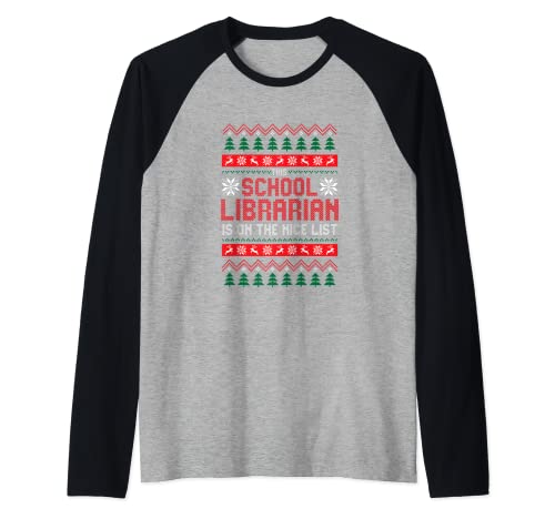 School Librarian Nice List Ugly Christmas Style Xmas Tree Raglan Baseball Tee