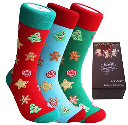 Christmas Gingerman Unisex Men Women Fun Dress Casual Pattern Crew Funny Xmas Socks Gift Box(3 pairs)