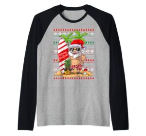 ugly christmas costume hawaiian santa surfing raglan baseball tee