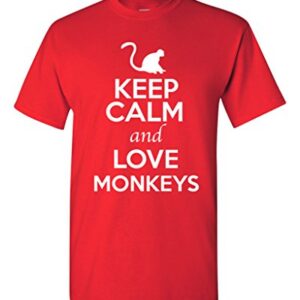 Keep Calm and Love Monkeys Animal Lover Adult T-Shirt Tee (Large, Red)