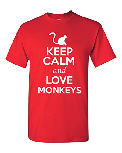 Keep Calm and Love Monkeys Animal Lover Adult T-Shirt Tee (Large, Red)