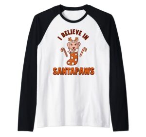 believe in santapaws dog reindeer stocking stuffer christmas raglan baseball tee