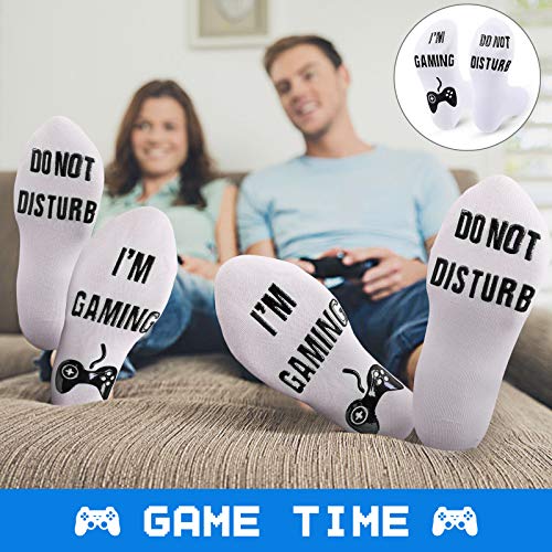 Do Not Disturb I’M Gaming Socks, Funny Novelty Gamer Socks Valentines Day Father Day Gifts for Men Women Boy Girl (White Black, Long)