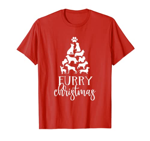 Furry Christmas Tree Dog Lover Dog Paws Print T-Shirt