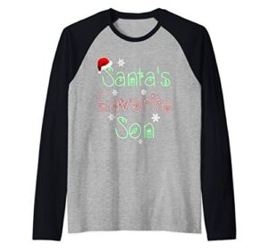 santa’s favorite son stocking stuffer x-mas gift raglan baseball tee