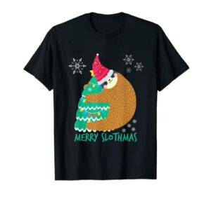 merry slothmas sloth hugging a christmas tree sloth t-shirt