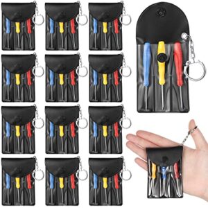 12 pcs small screwdriver set keychain each set includes 3 mini slotted screwdrivers red blue yellow in a portable pouch with snap toys repair kit cool gadgets tool for boys and men