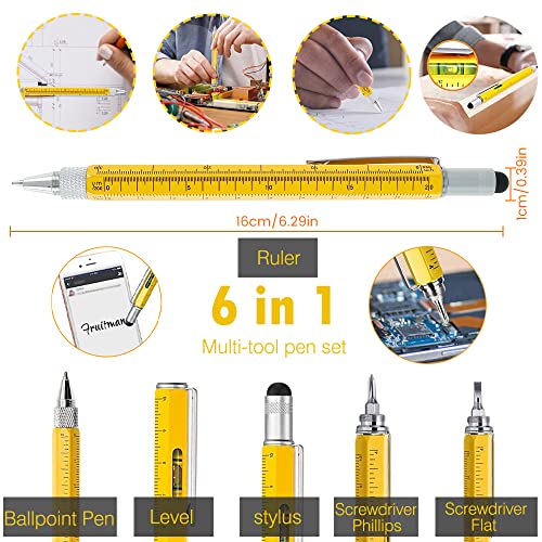 Stocking Stuffers Gifts for Men, Christmas Gifts for Men Dad Husband Engineer Woodworkers Carpenter, 6 in 1 Multitool Pen, Ballpoint Pen Touchscreen Stylus, Ruler, Level, Screwdriver