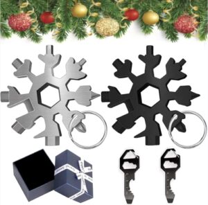 ooycyoo 2 pack snowflake 18-in-1 multi tool, christmas stocking stuffers for men women,stainless steel snowflake key chain tool flat phillips screwdriver kit,great christmas gift (black,silver)