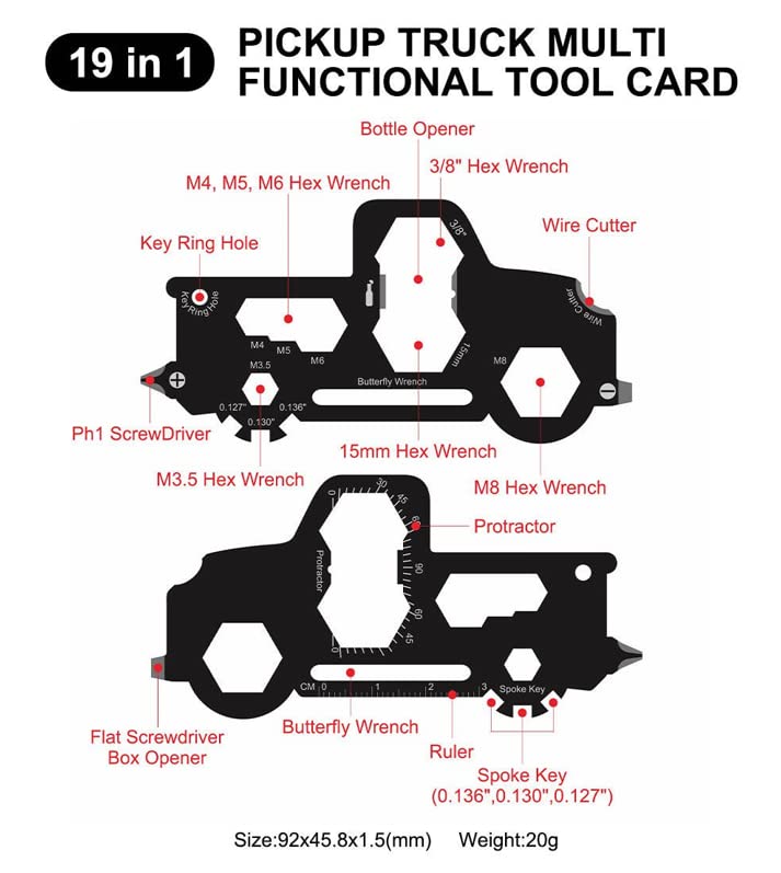 19 in 1 Pickup Truck - Survival Pocket Credit Card Tool Wallet Multitool - Bottle Opener Keychain EDC Multi Use Tool - Useful Cool Tools and Gadgets for Men Husband Stocking Stuffers Small Multitools