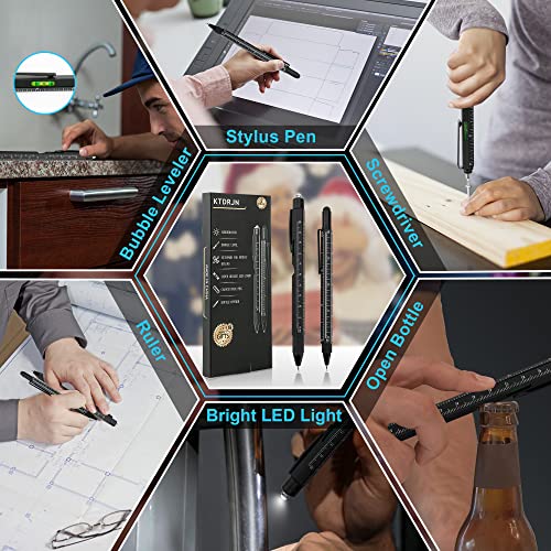 Tools for Men,Cool Gadgets,2 Pack 9 in 1 Multitool Pen Set with LED Light, Touchscreen Stylus, Ruler, Level, Bottle Opener,Flathead, and Ballpoint Pen(Black）