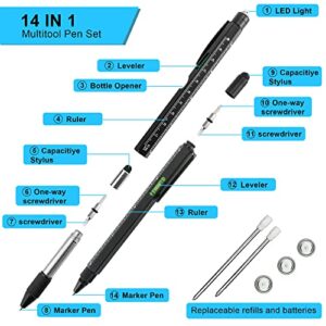 Tools for Men,Cool Gadgets,2 Pack 9 in 1 Multitool Pen Set with LED Light, Touchscreen Stylus, Ruler, Level, Bottle Opener,Flathead, and Ballpoint Pen(Black）